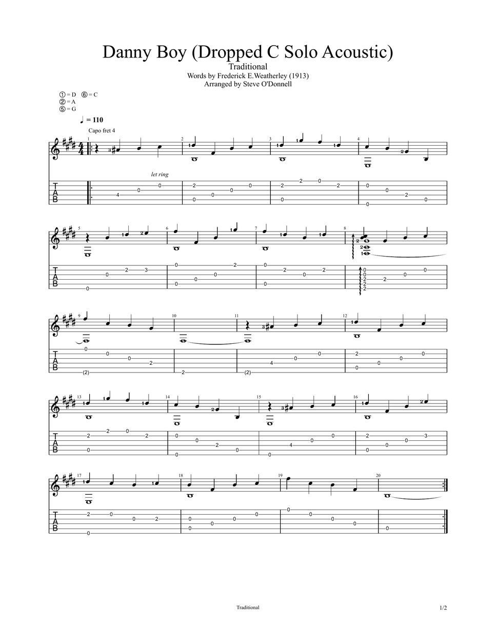 Frederick E. Weatherley - Danny Boy Acoustic for Solo Guitar (Dropped C ...