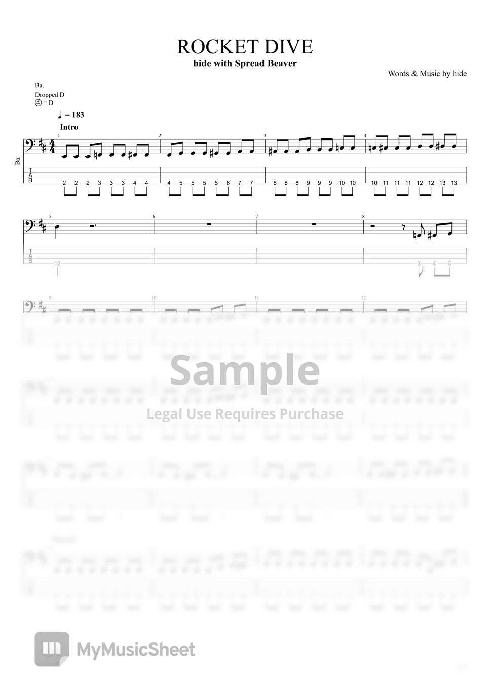hide with Spread Beaver - ROCKET DIVE (エレキベースPart) Sheet Music by キリギリス