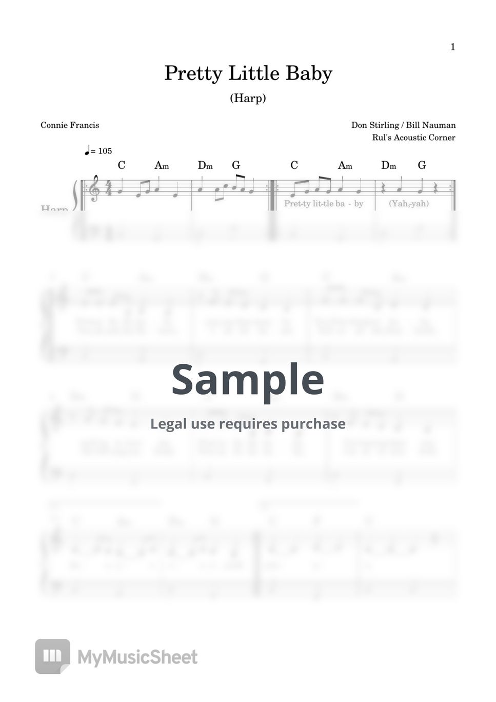 Connie Francis - Pretty Little Baby (Easy Harp Sheet Musical Notes) 악보 ...