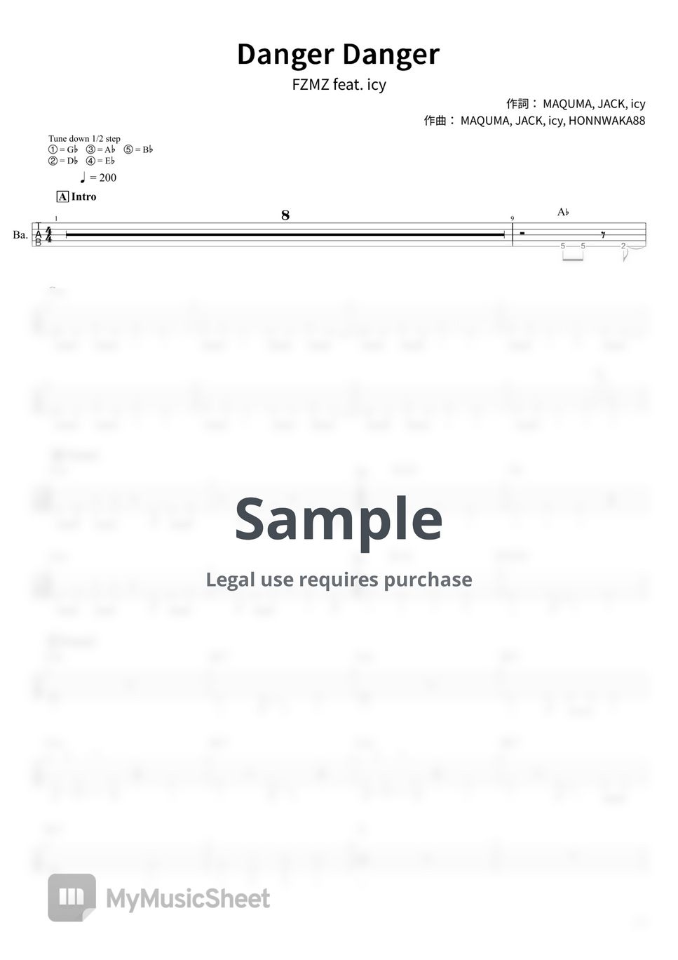 FZMZ feat. icy - Danger Danger (Tabのみ/ベース Tab譜 5弦) Sheet Music by T's ...