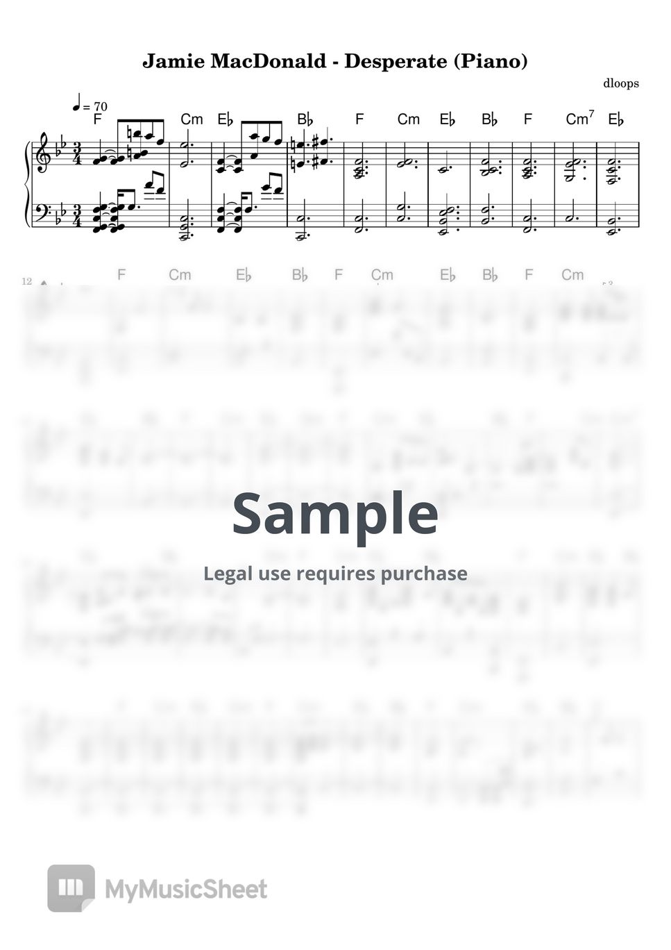 Jamie MacDonald - Desperate (PIANO SHEET) Sheet Music by dloops