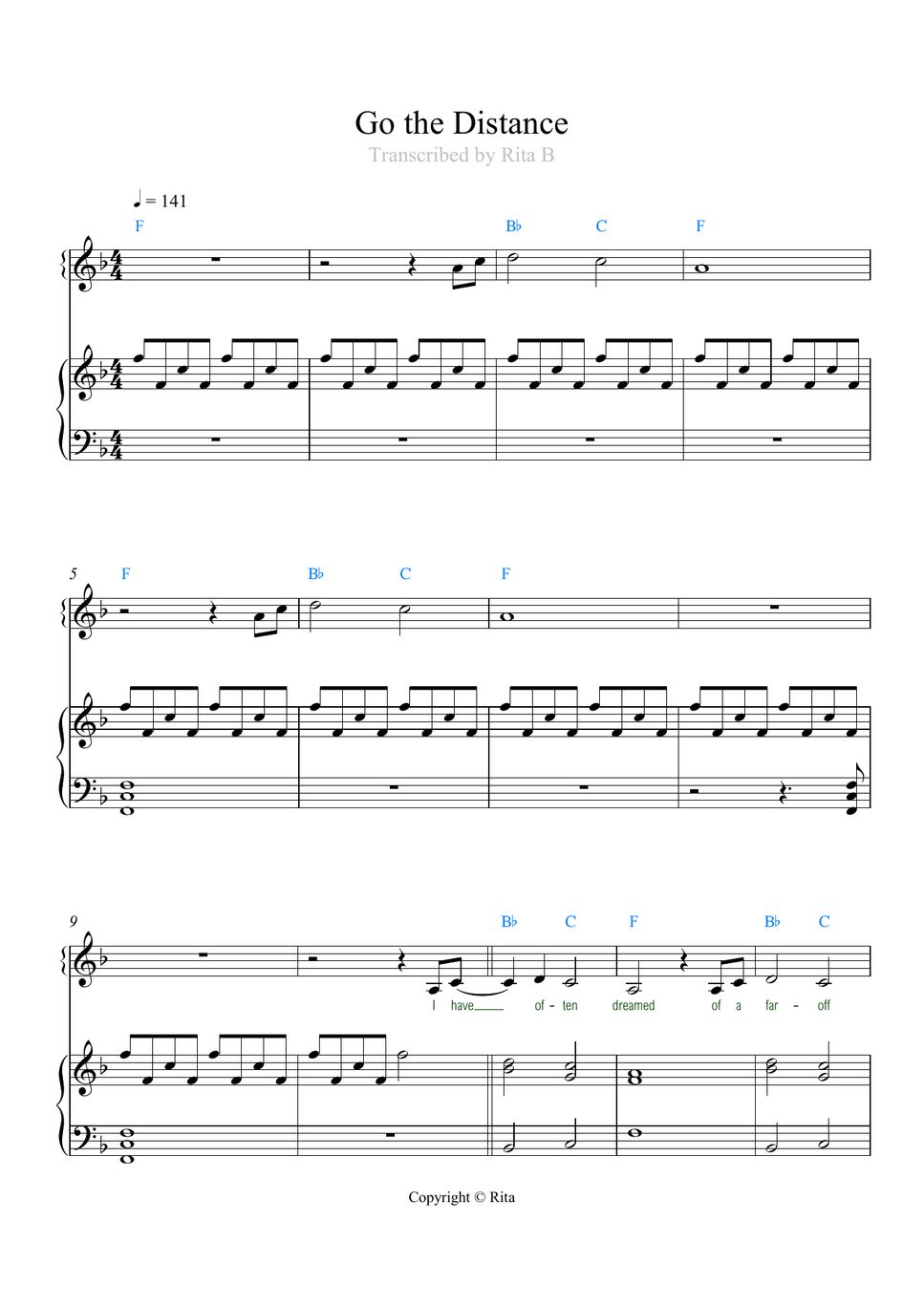 Eva Noblezada - Go the Distance (Lyrics, chords) 악보 by Rita B