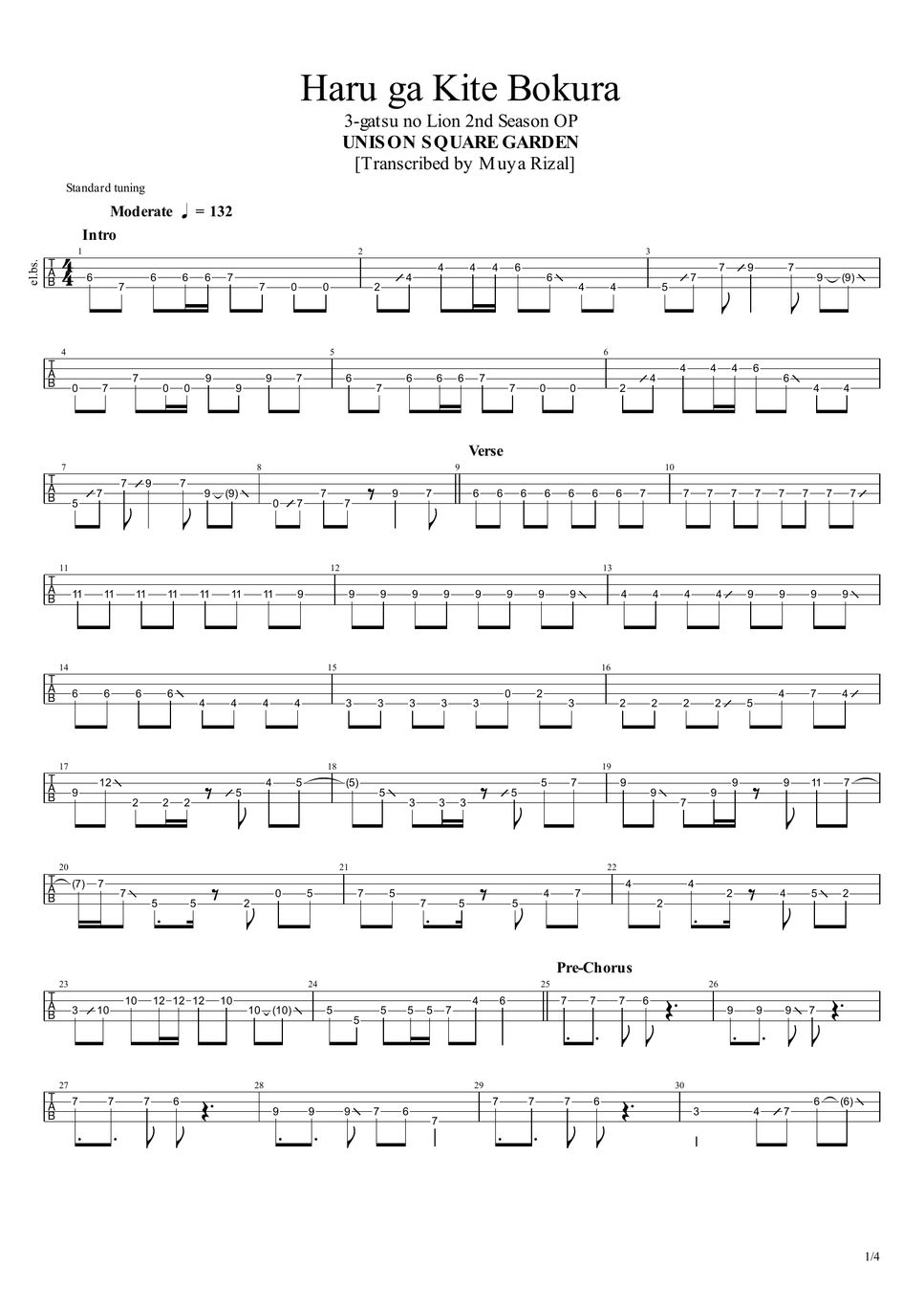 UNISON SQUARE GARDEN - Haru ga Kite Bokura (Bass TAB) 악보 by Muya