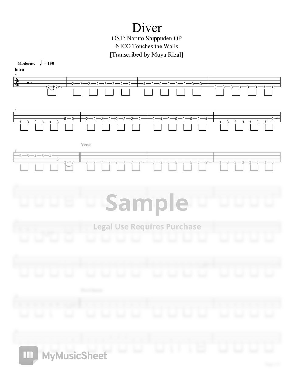 NICO Touches the Walls - Diver (Bass TAB) Sheets by Muya