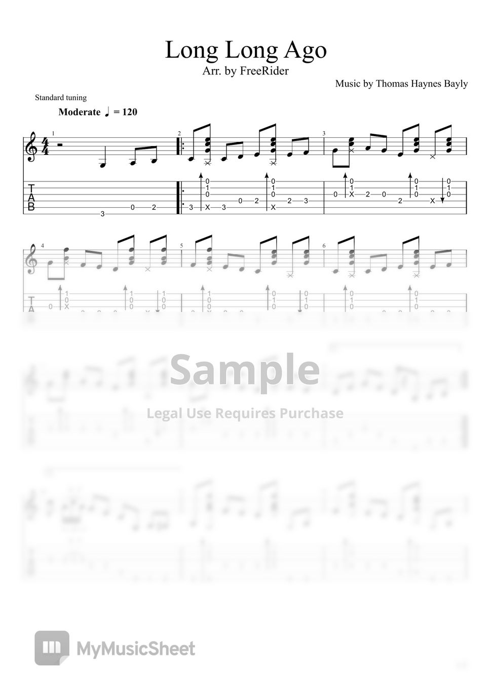 Long Long Ago (fingerstyle guitar 핑거스타일 기타) 악보 by FreeRider