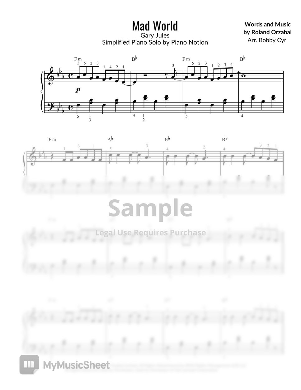 Gary Jules - Mad World (Piano Solo) 楽譜 by Piano Notion