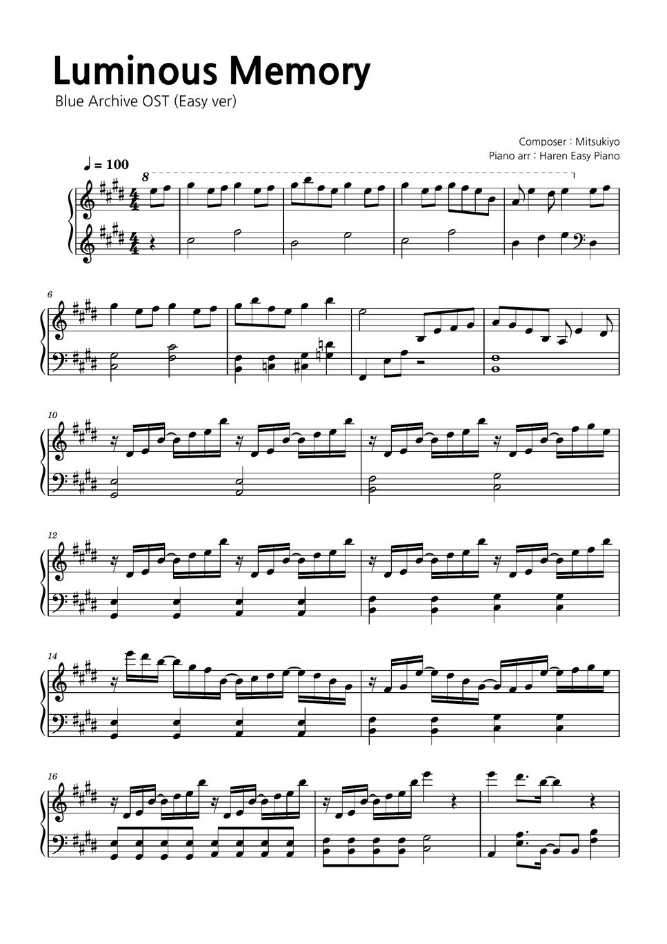 Blue Archive OST - Luminous Memory (Easy ver) 楽譜 by Haren Easy Piano