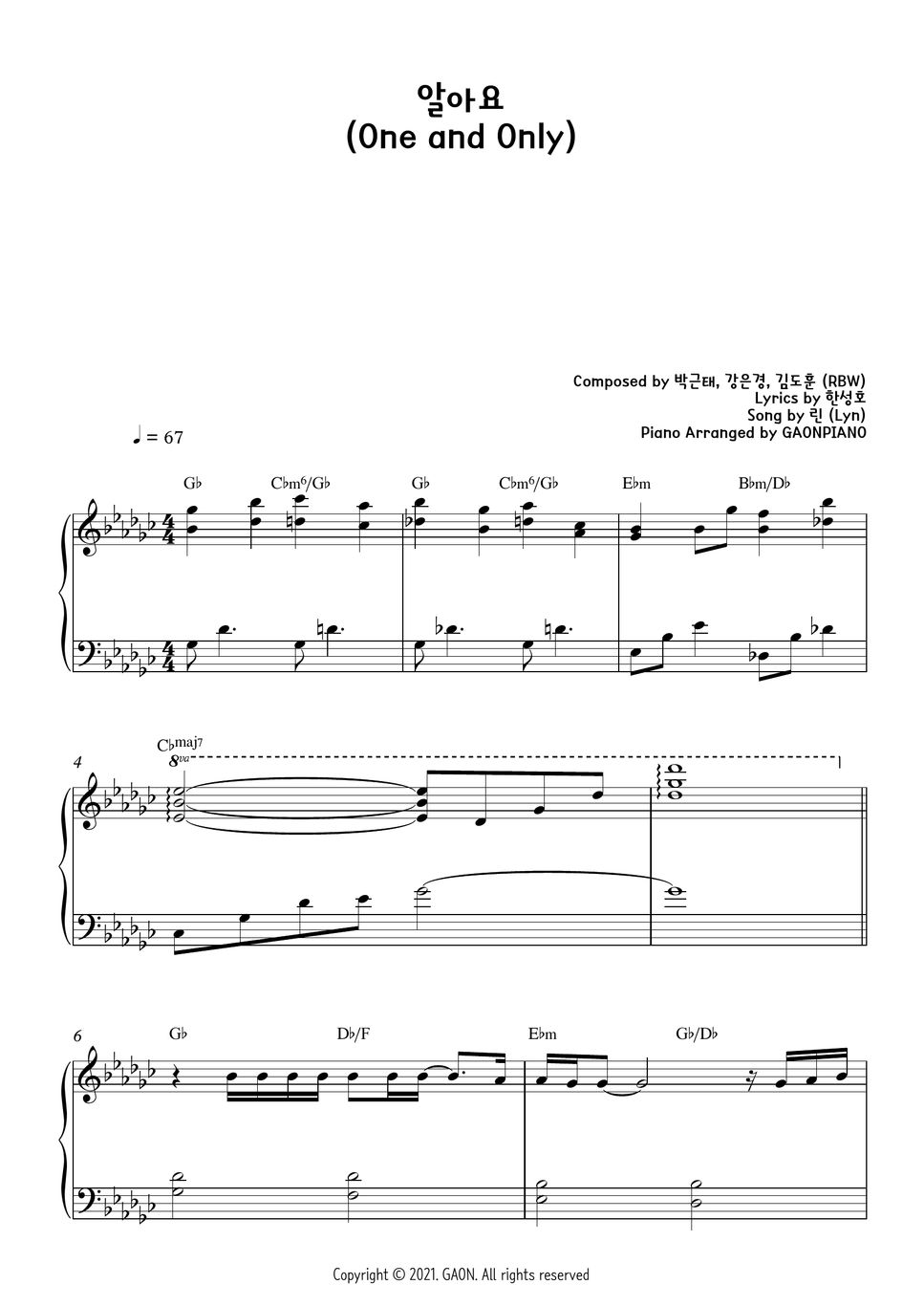 LYn - One and Only (The King's Affection OST) Partitura by GAONPIANO