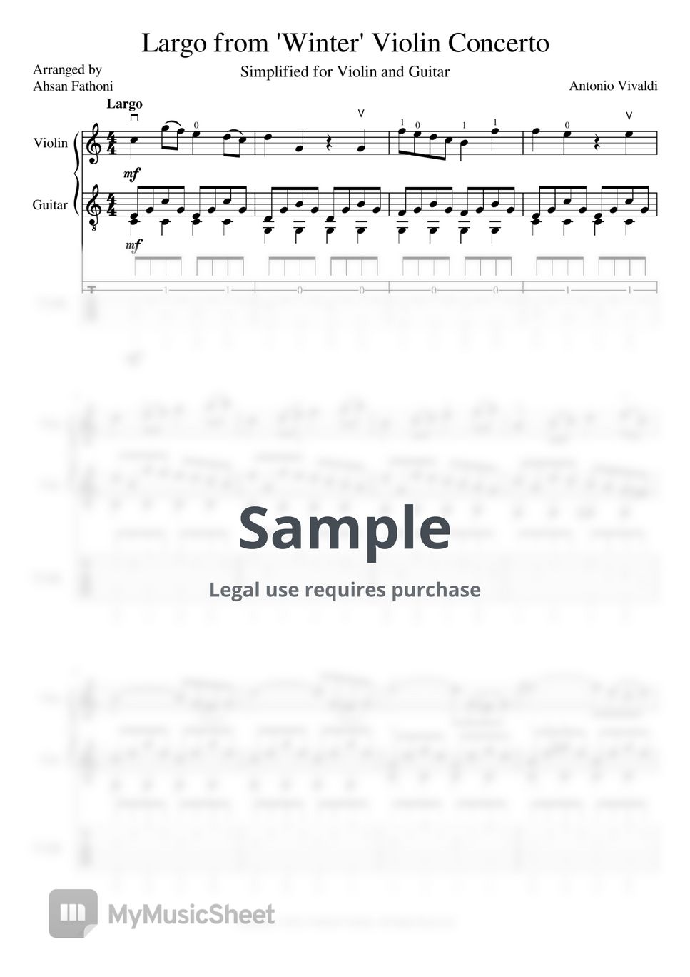 Vivaldi Antonio - Largo from Winter (for Easy Violin and Guitar) Sheets ...