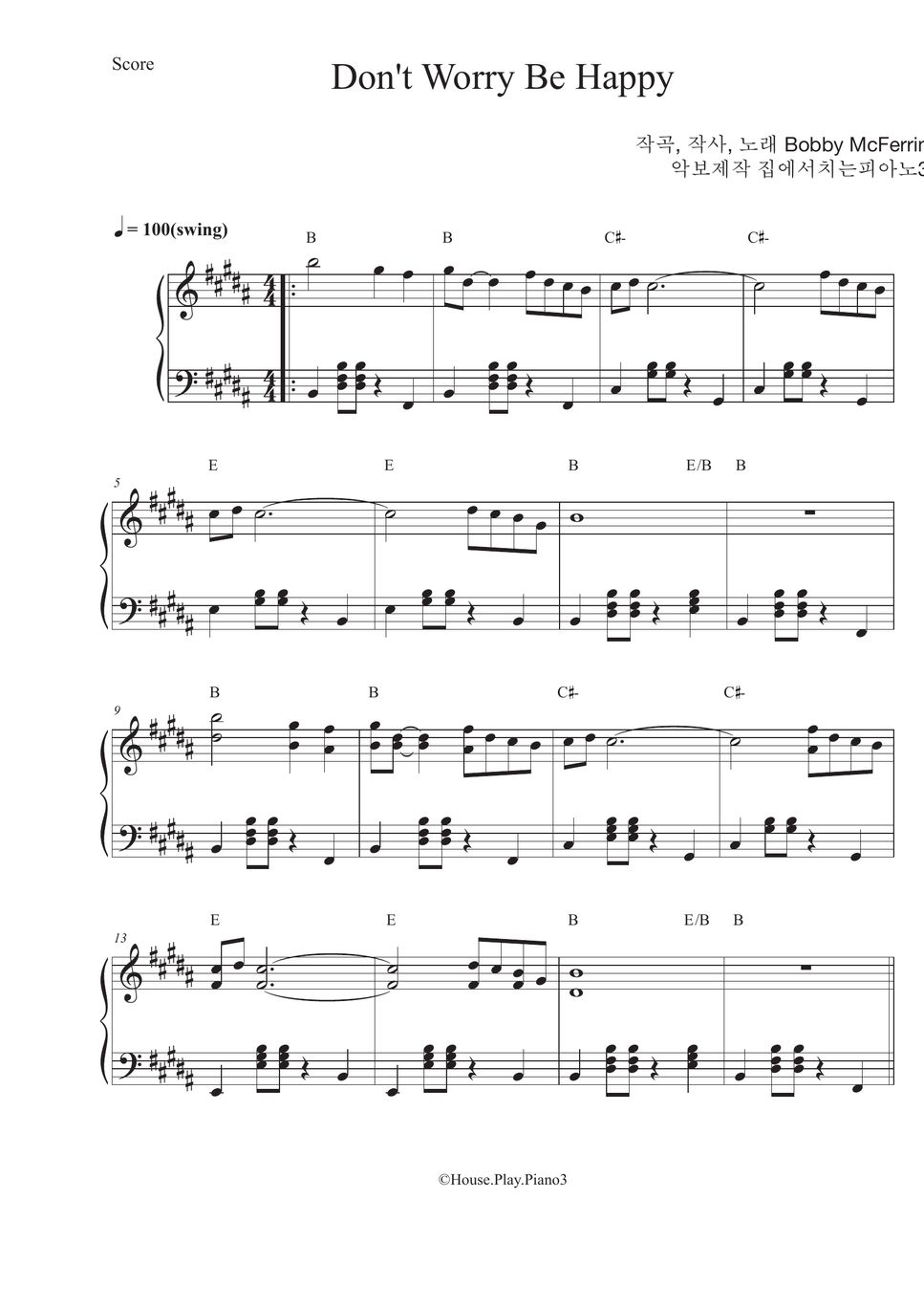 Bobby McFerrin - Don't Worry Be Happy Sheet by House.Play.Piano3