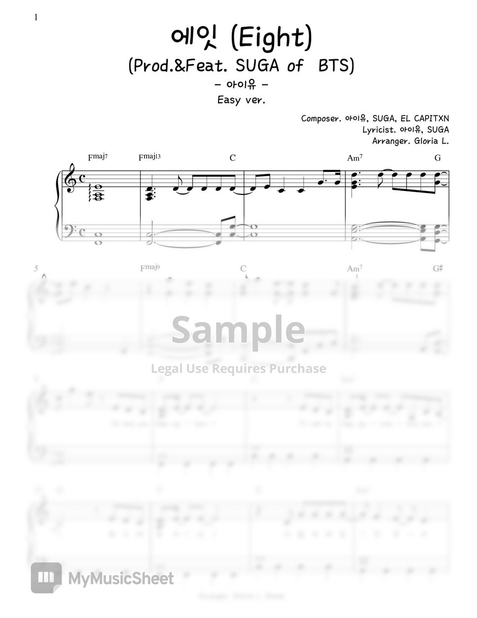 아이유 (IU) - 에잇 Eight (Prod.&Feat. SUGA of BTS) (Easy ver.) 악보 by Gloria L.