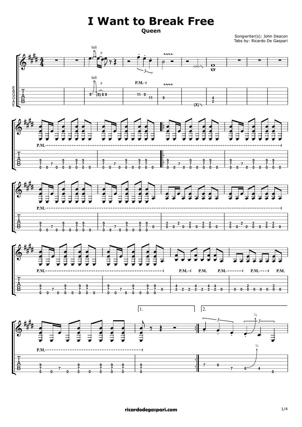 Queen - I Want to Break Free (for one guitar) Partitura by Ricardo De ...