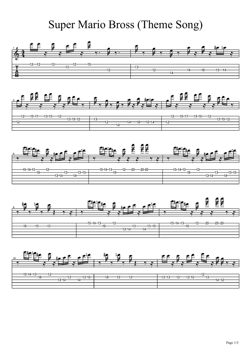 Kōji Kondō - Super Mario Bros. Theme (Ground Theme) TAB by Marco Vitali