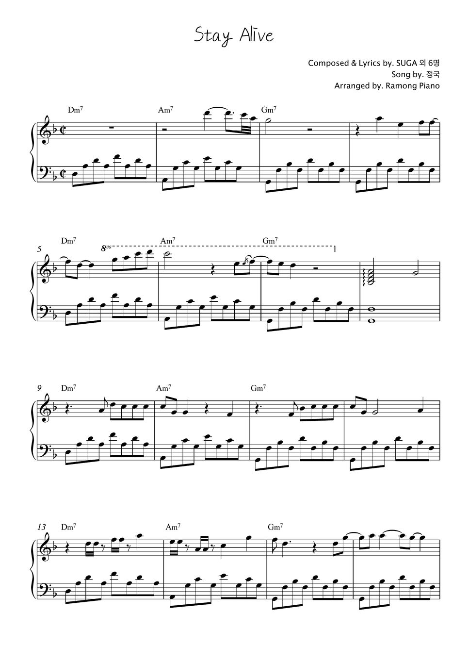 BTS 정국 - Stay Alive Sheets by Ramong Piano