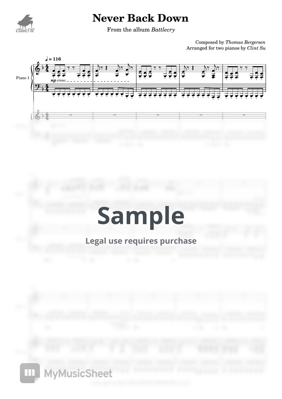 Two Steps From Hell - Never Back Down (For two pianos) Sheets by Clint Su