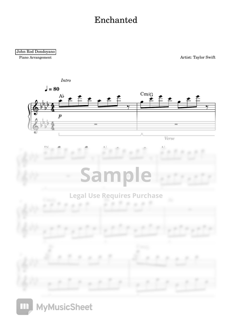 Taylor Swift - Enchanted (PIANO SHEET) แผ่น by John Rod Dondoyano