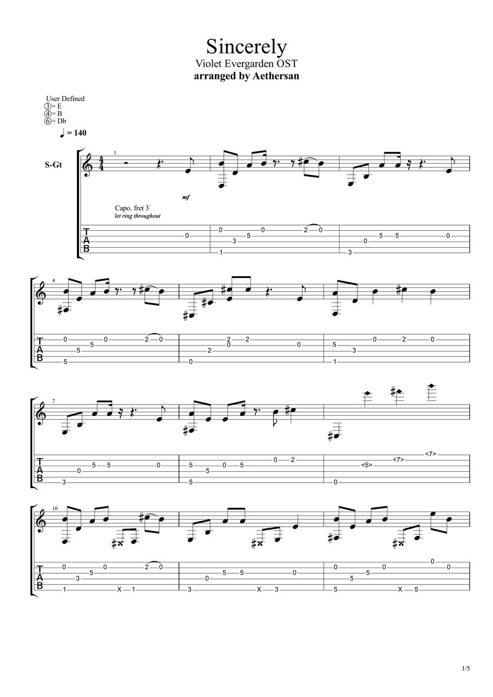 Violet Evergarden OST - Sincerely Fingerstyle Guitar Sheets