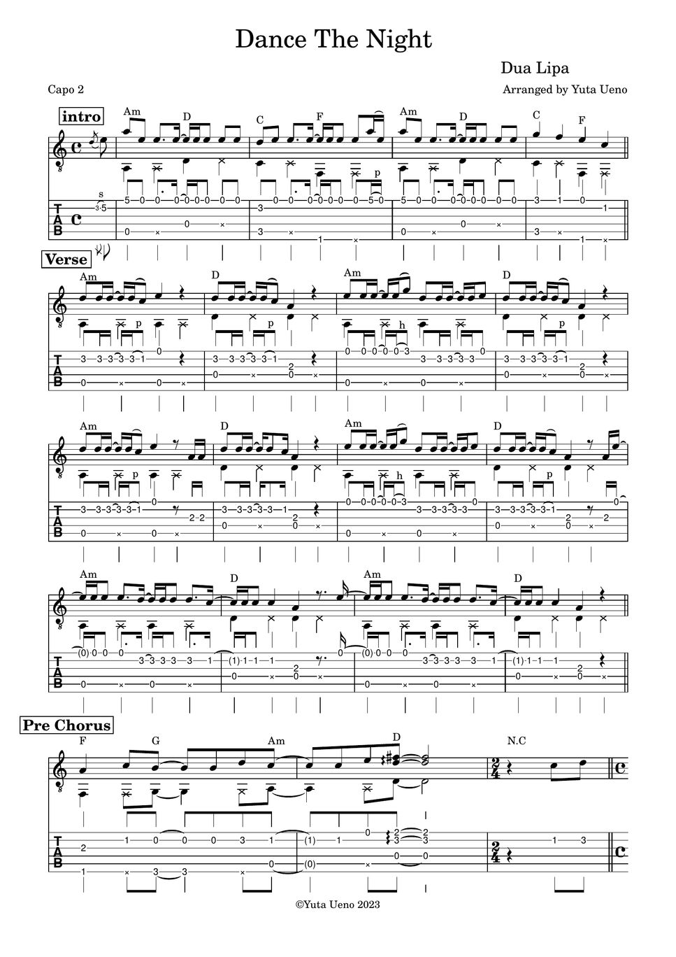 Dua Lipa - Dance The Night (Fingerstyle) Tab + 단선 악보 by Yuta Ueno
