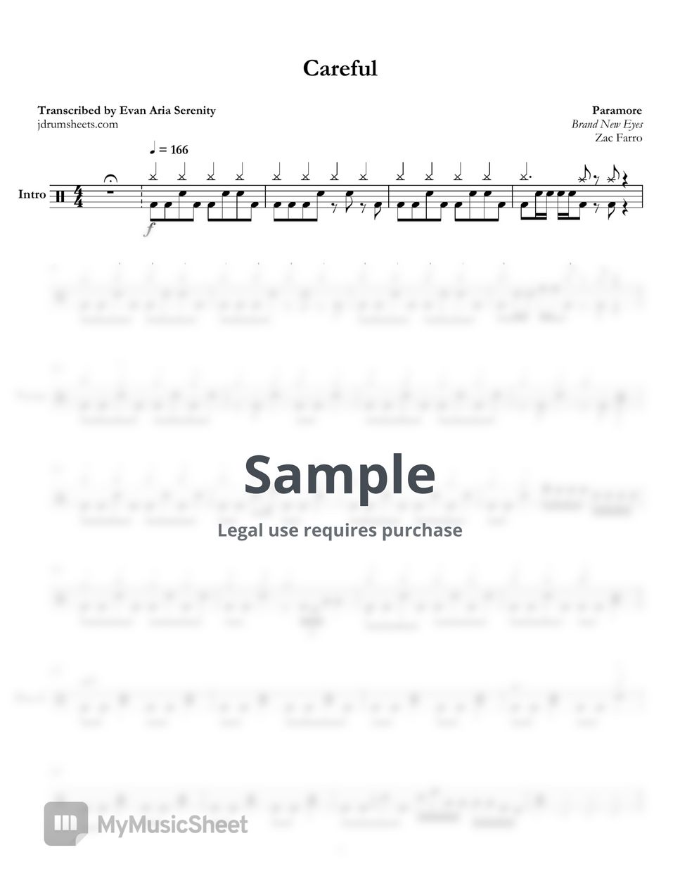 Paramore - Careful Sheet Music by Jaslow Drum Sheets