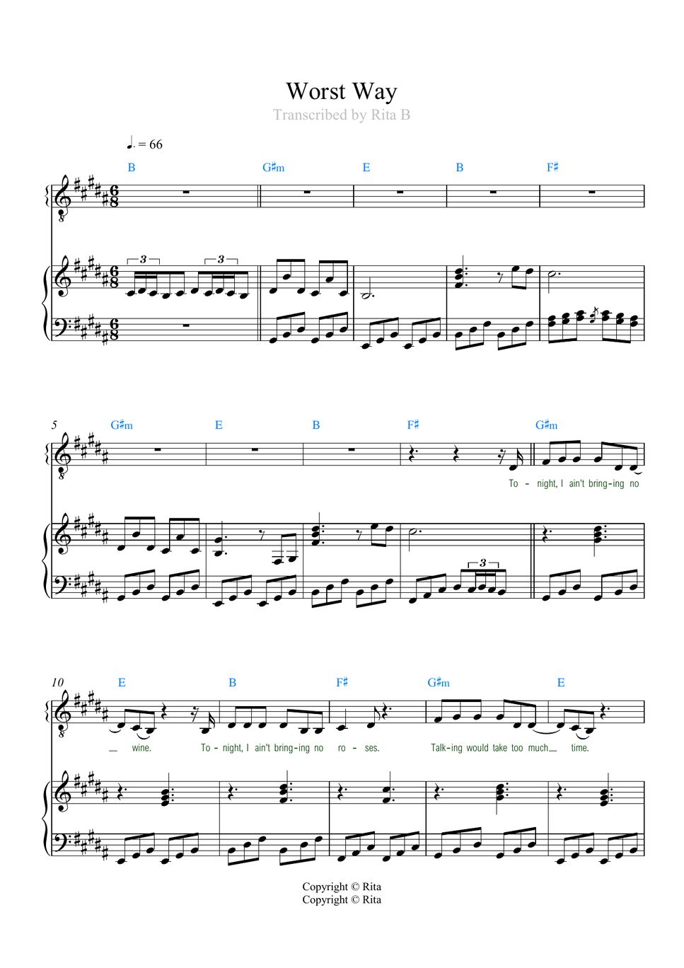 Riley Green - Worst Way (2 files: duo and easy) 악보 by Rita B