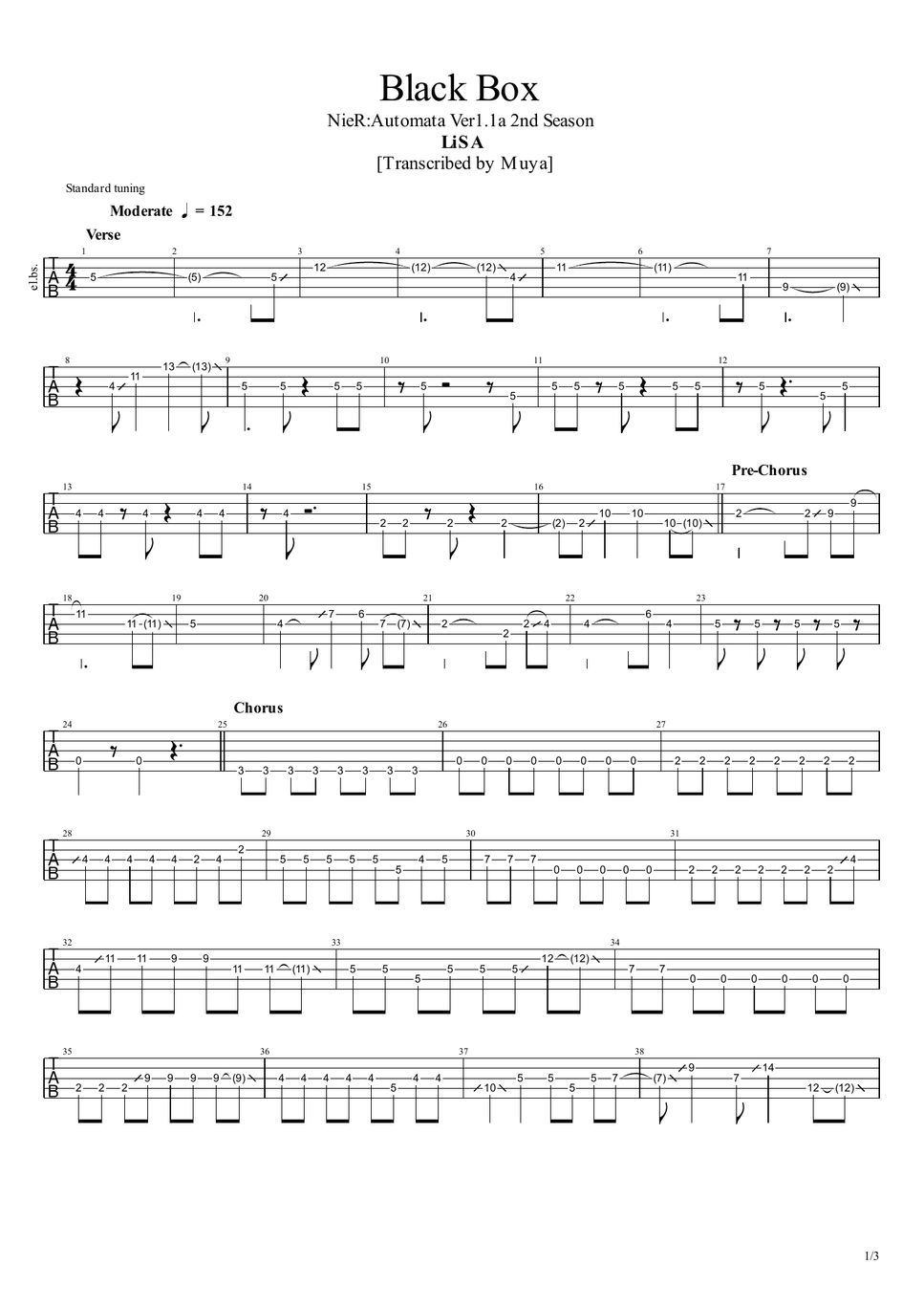 LiSA - Black Box (Bass TAB) 악보 by Muya