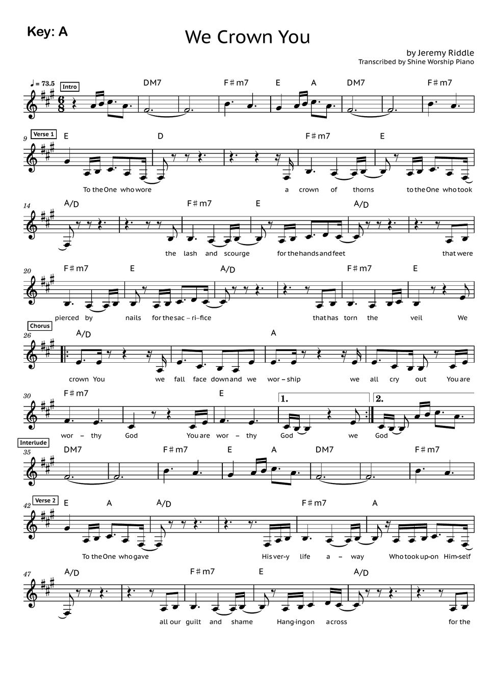 Jeremy Riddle - We Crown You Sheet Music by Shine Worship Piano