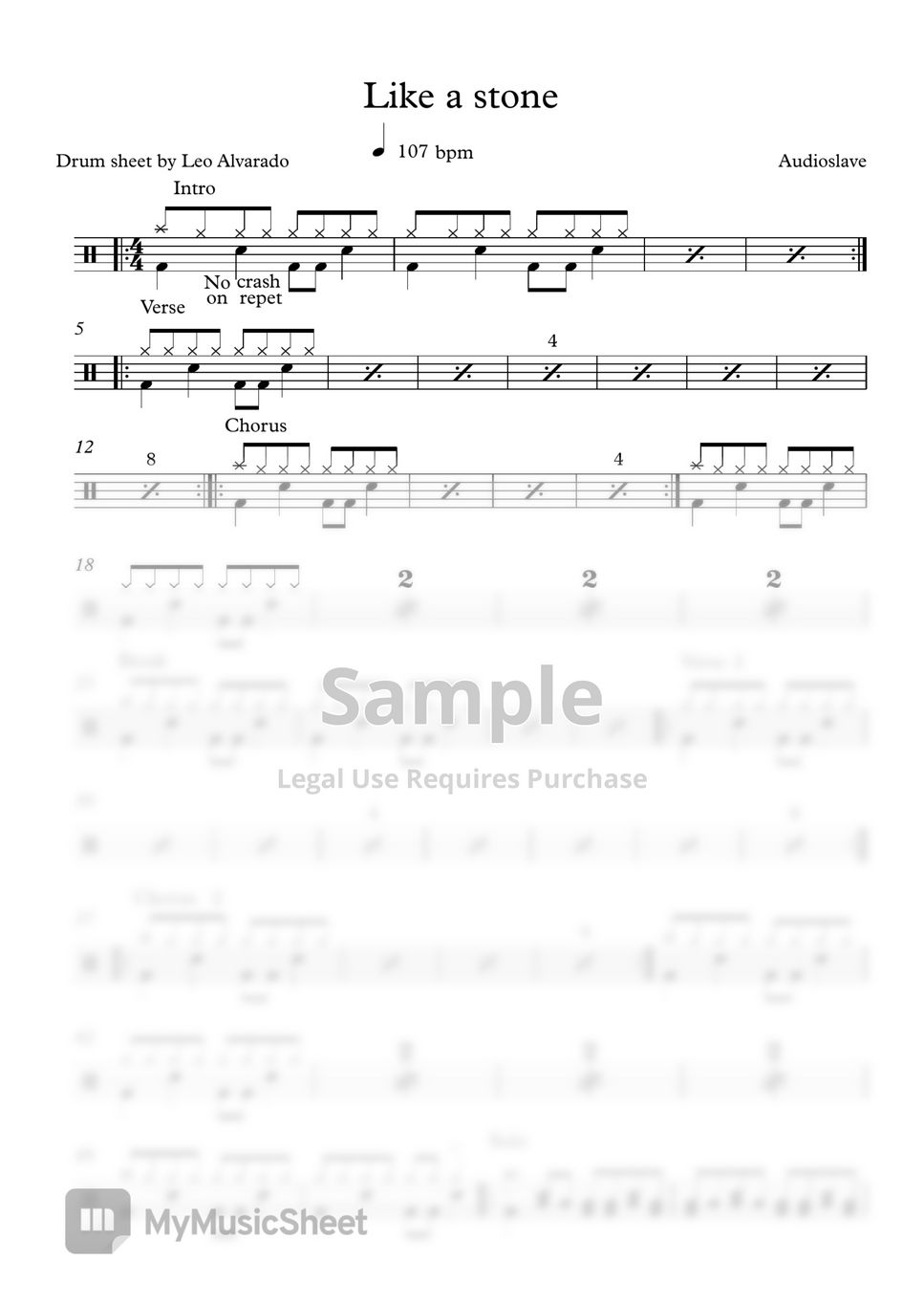 Audioslave - Like a stone (d) Sheet Music by Drum transcription Leo ...