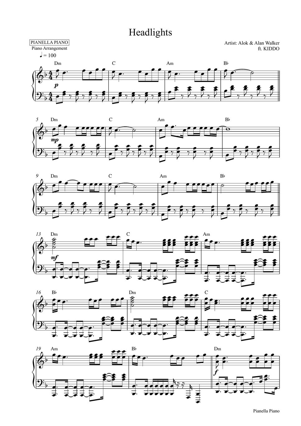 Alok & Alan Walker ft. KIDDO - Headlights (Piano Sheet) 악보 by Pianella ...