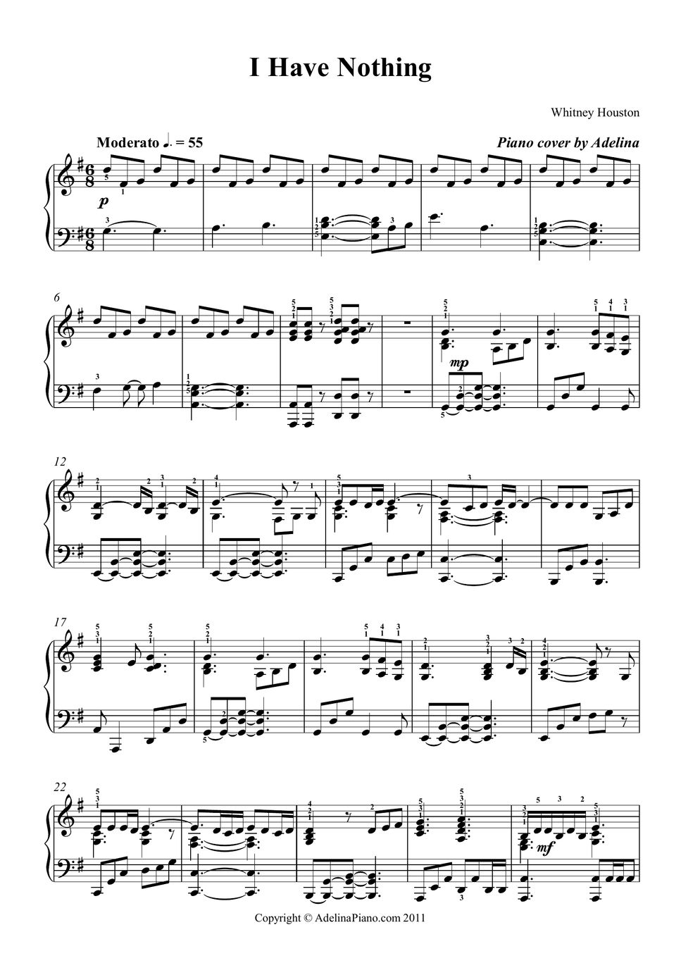 Whitney Houston - I Have Nothing Sheet by Adelina Piano