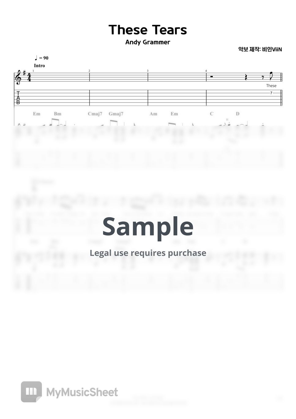 Andy Grammer - These Tears (통기타 반주용 악보) Sheet Music by 비인ViiN