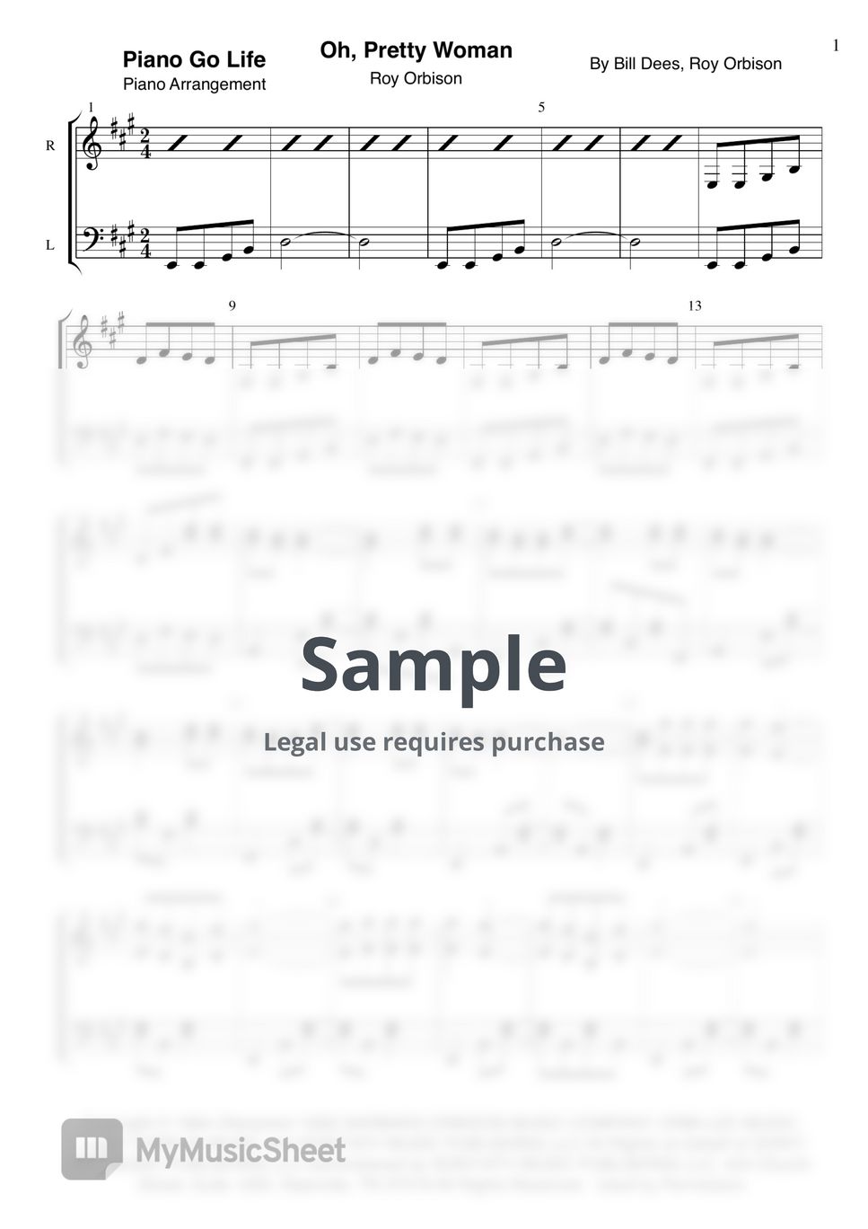 Roy Orbison - Oh, Pretty Woman 악보 by Piano Go Life