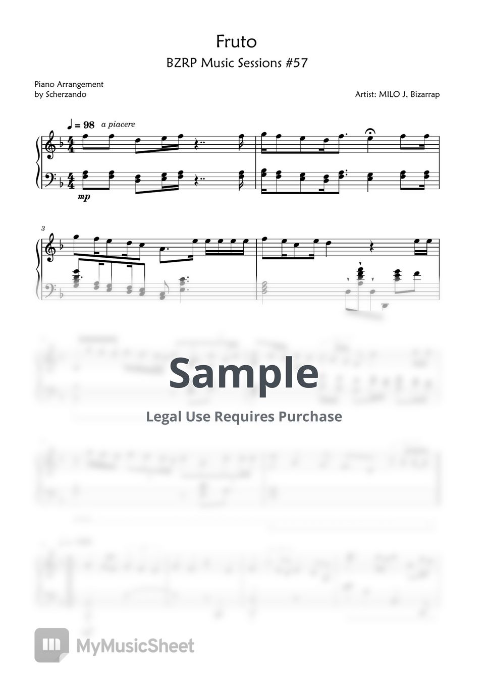 Bizarrap, MILO J - Fruto (Piano Arrangement) Sheet Music by Scherzando