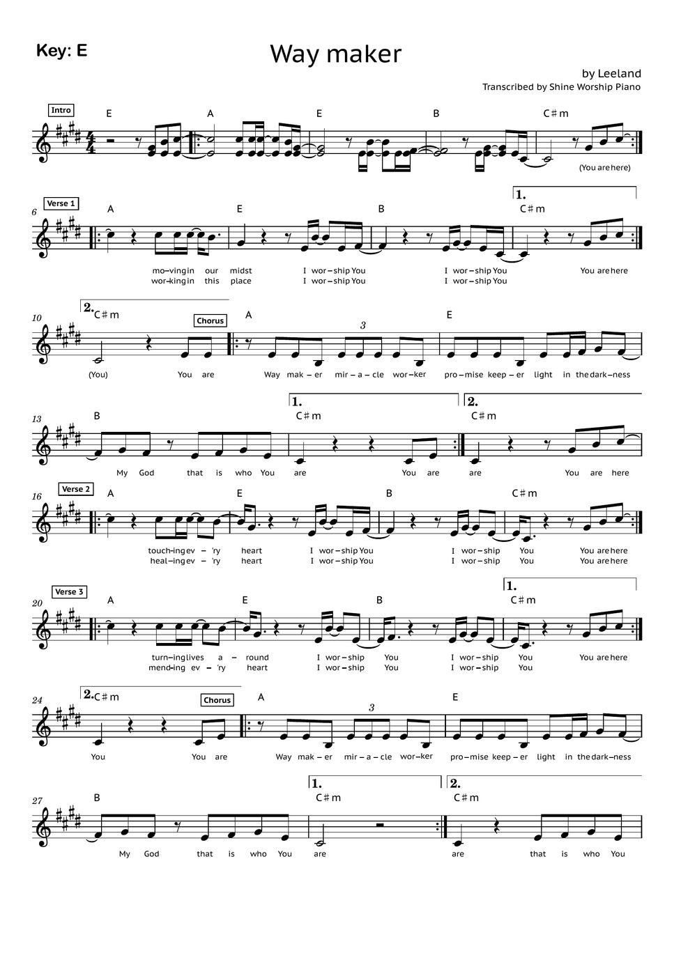 Sinach - Way maker 楽譜 by Shine Worship Piano