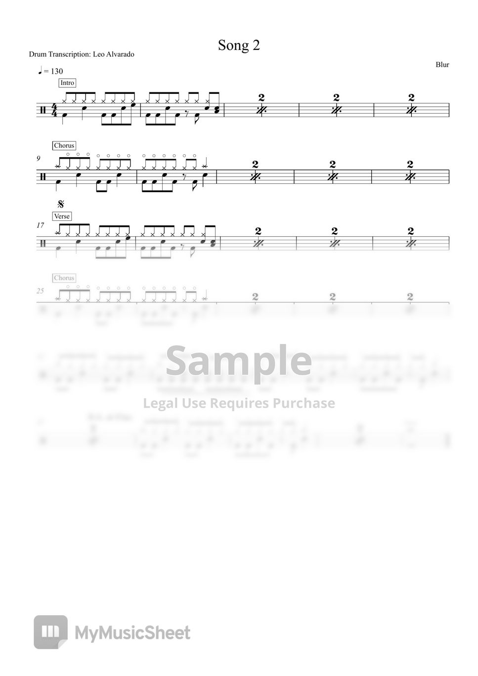 Blur - Song 2 Sheets by Drum Transcription: Leo Alvarado