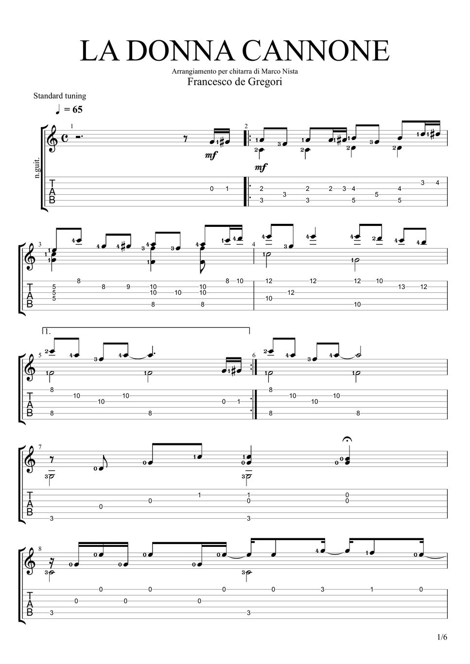 Francesco de Gregori - La donna cannone Tab + 1staff by Marco Nista