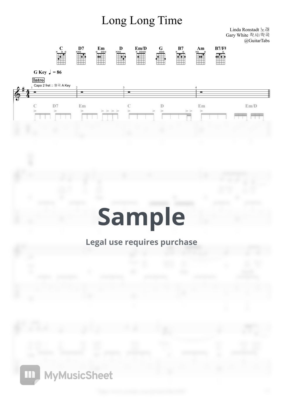 Linda Ronstadt - Long Long Time (G Key / Easy TAB / Lyrics) Hoja by 624 ...