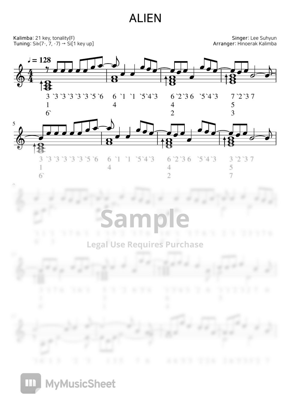 Lee Suhyun - Alien Sheet Music by Hinoerak Kalimba