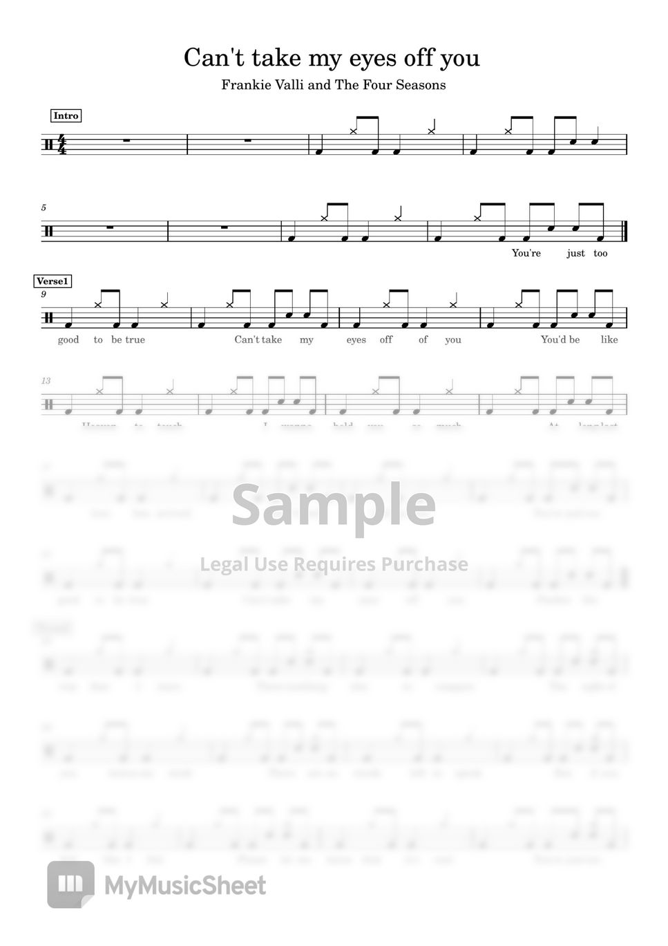 Frankie Valli Cant Take My Eyes Off You 드럼악보 Drumscore 가사포함 Lyrics