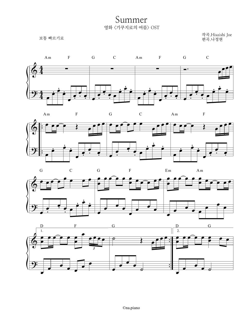 기쿠지로의 여름 OST - Summer (EASY VER.) Sheets by NA_PIANO