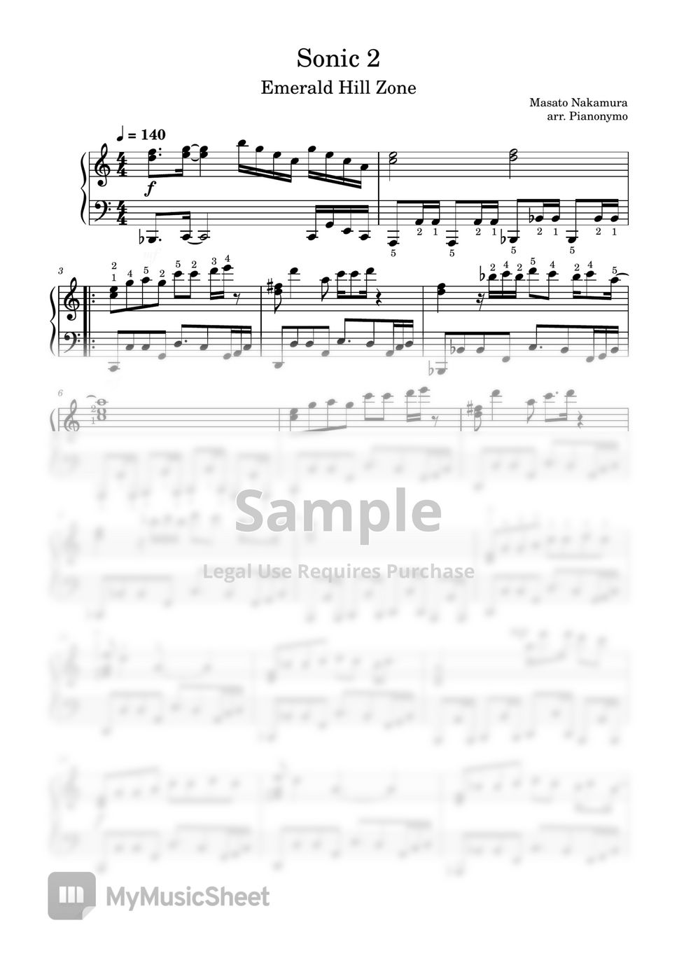 Masato Nakamura - Emerald Hill Zone - Sonic 2 Sheets by Pianonymo