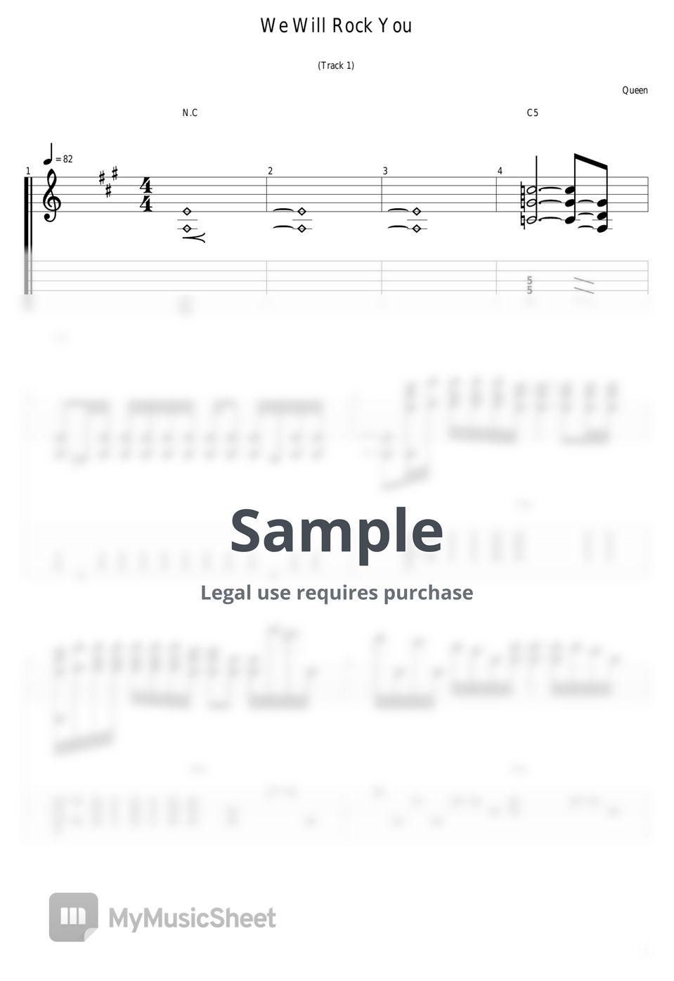 Queen - We Will Rock You TAB+1 Staff by guitar cover with tab