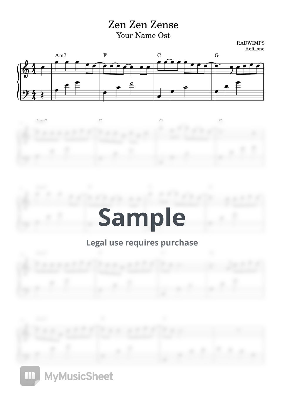 RADWIMPS - Zen Zen Zense (피아노 다장조 쉬운 버전) Sheets by Kefi_one
