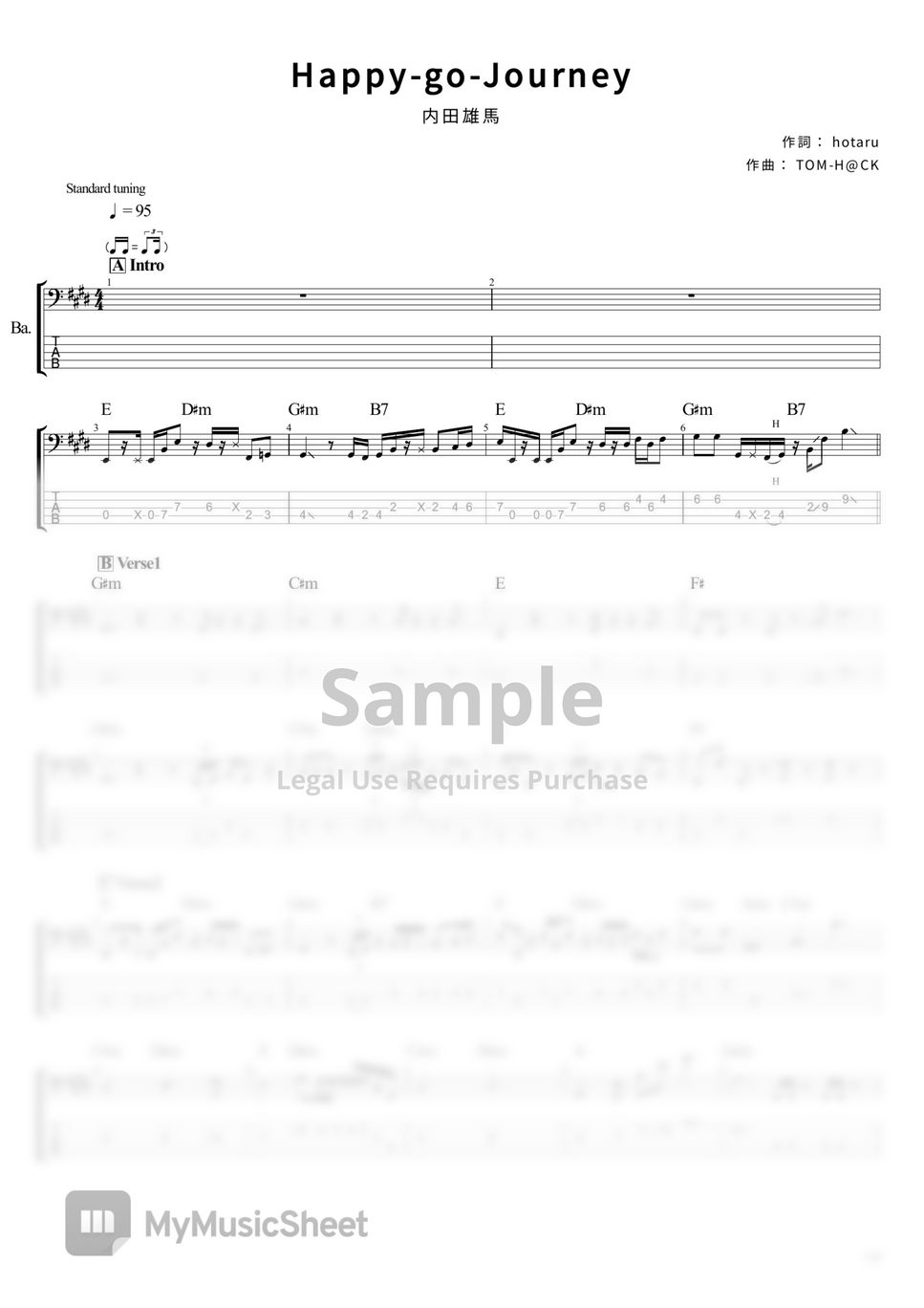 内田雄馬 - Happy-go-Journey (ベース Tab譜 5弦) Tab + 단선 악보 by T's bass score
