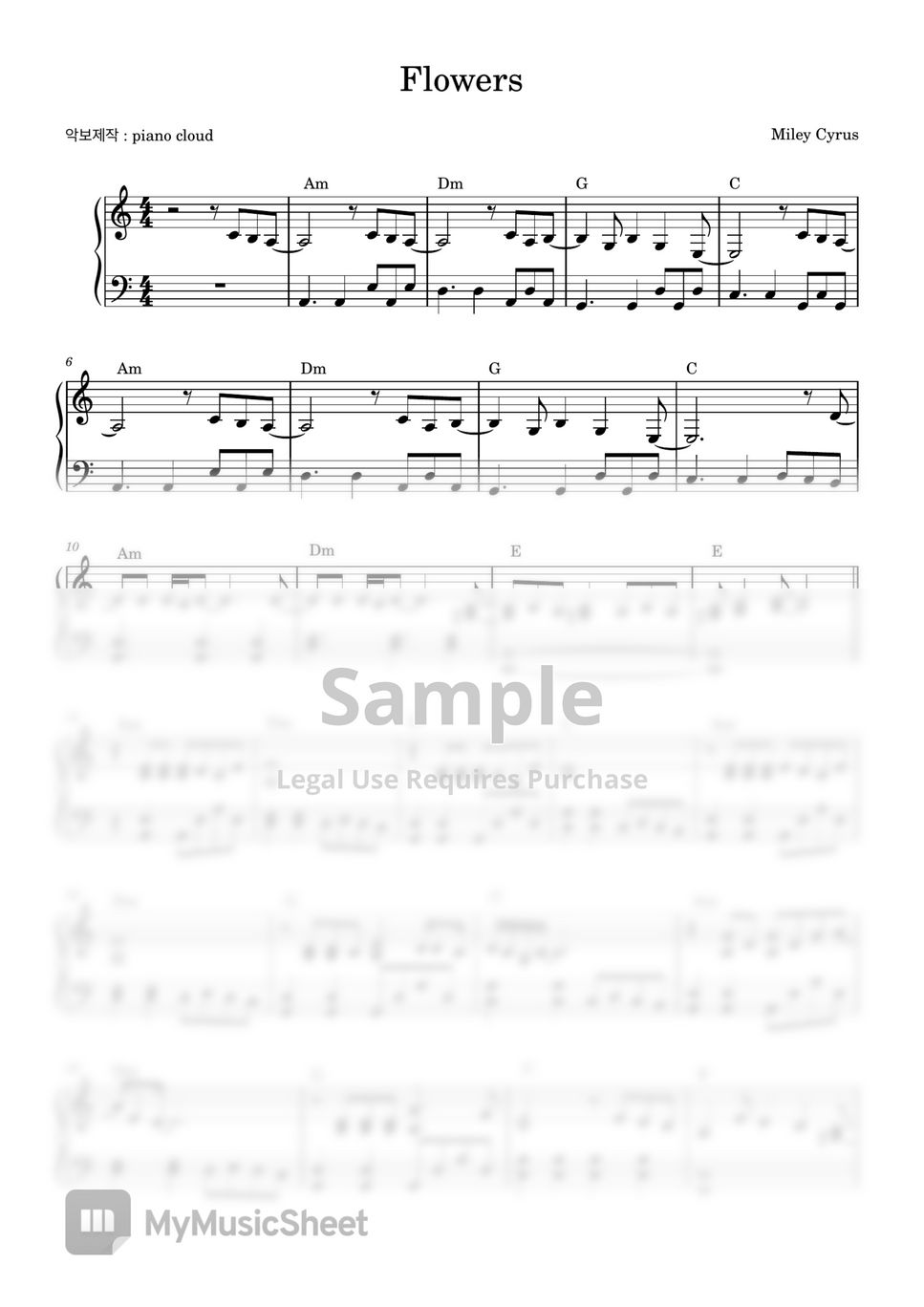 Miley Cyrus (마일리 사이러스) - Flowers 악보 by 피아노클라우드(piano cloud)