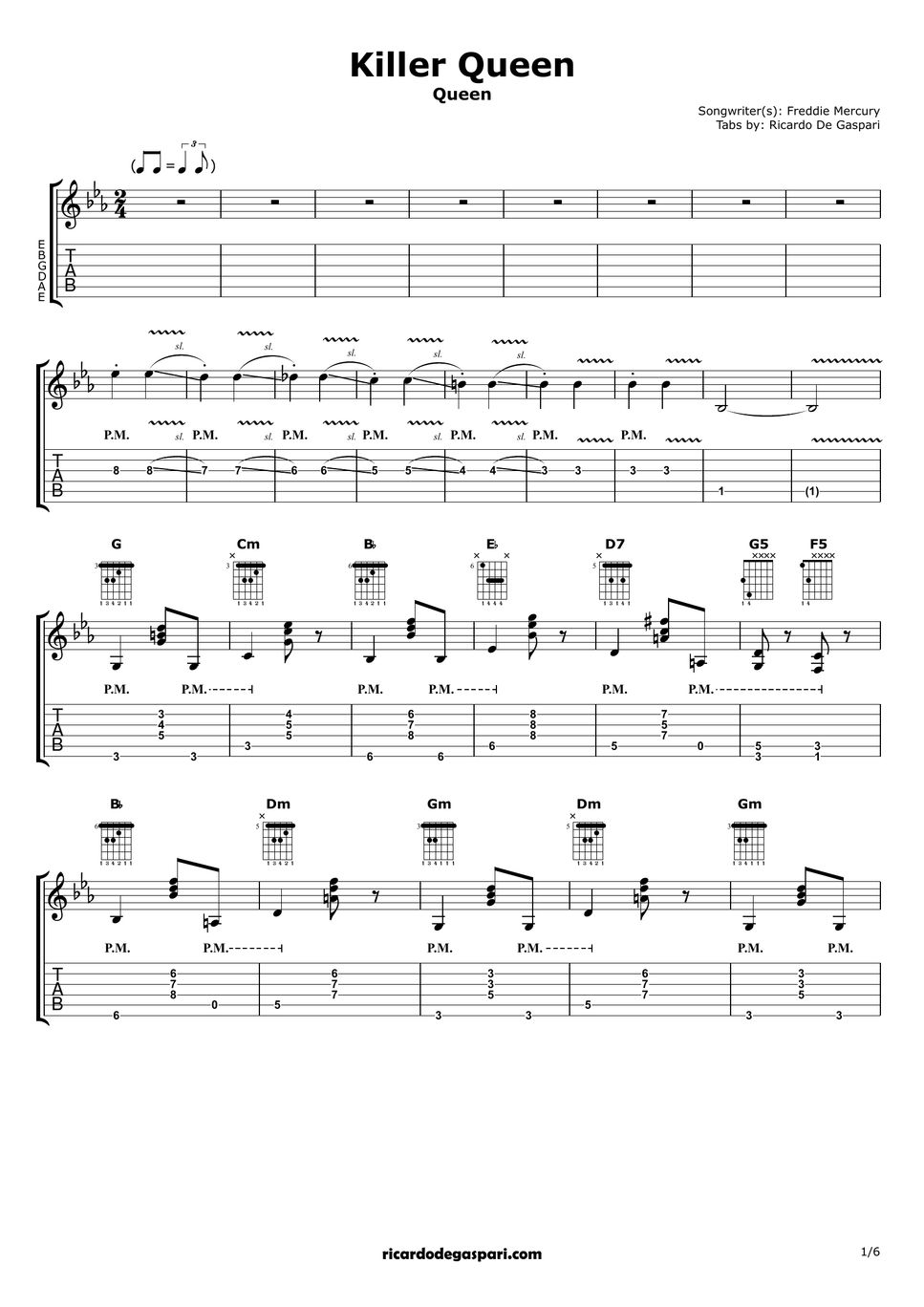 Queen - Killer Queen (for one guitar) 楽譜 by Ricardo De Gaspari