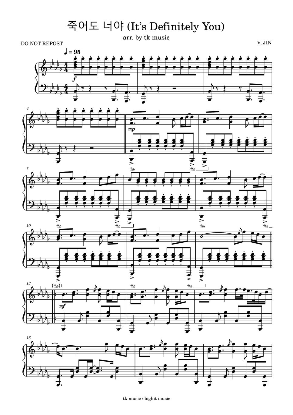 BTS JIN, V - 죽어도 너야 (It’s Definitely You) Lembar Musik by tk music