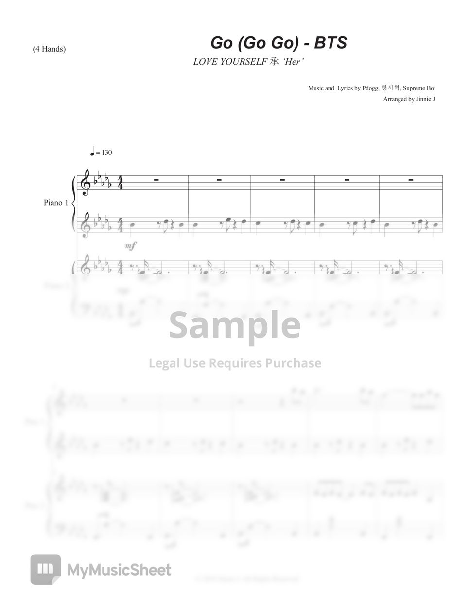 BTS (방탄소년단) - Go Go (고민보다 Go) for Piano Duet (4 Hands) Sheet Music by ...