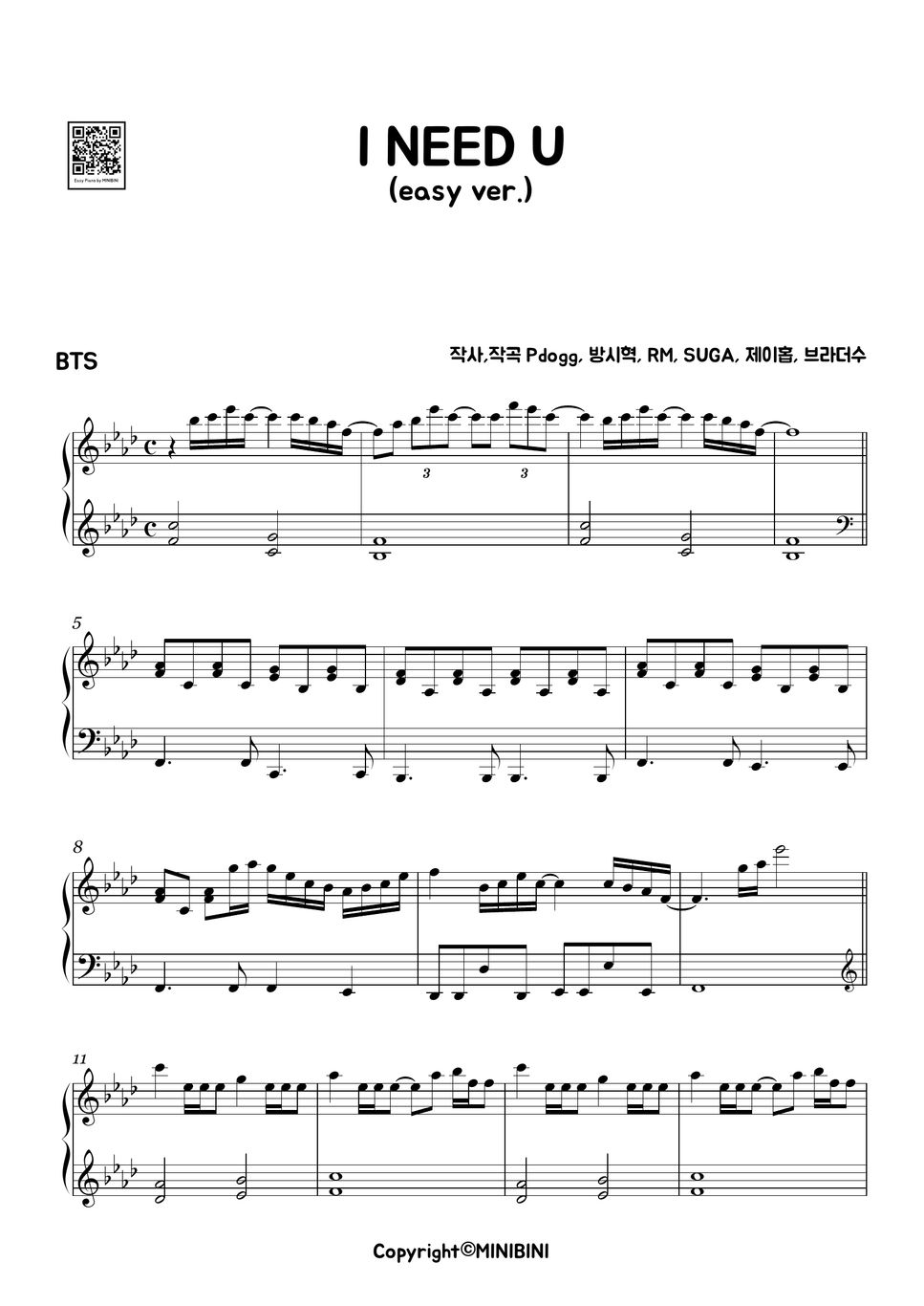 Bts 방탄소년단 I Need U Easy Version 악보 By Minibini
