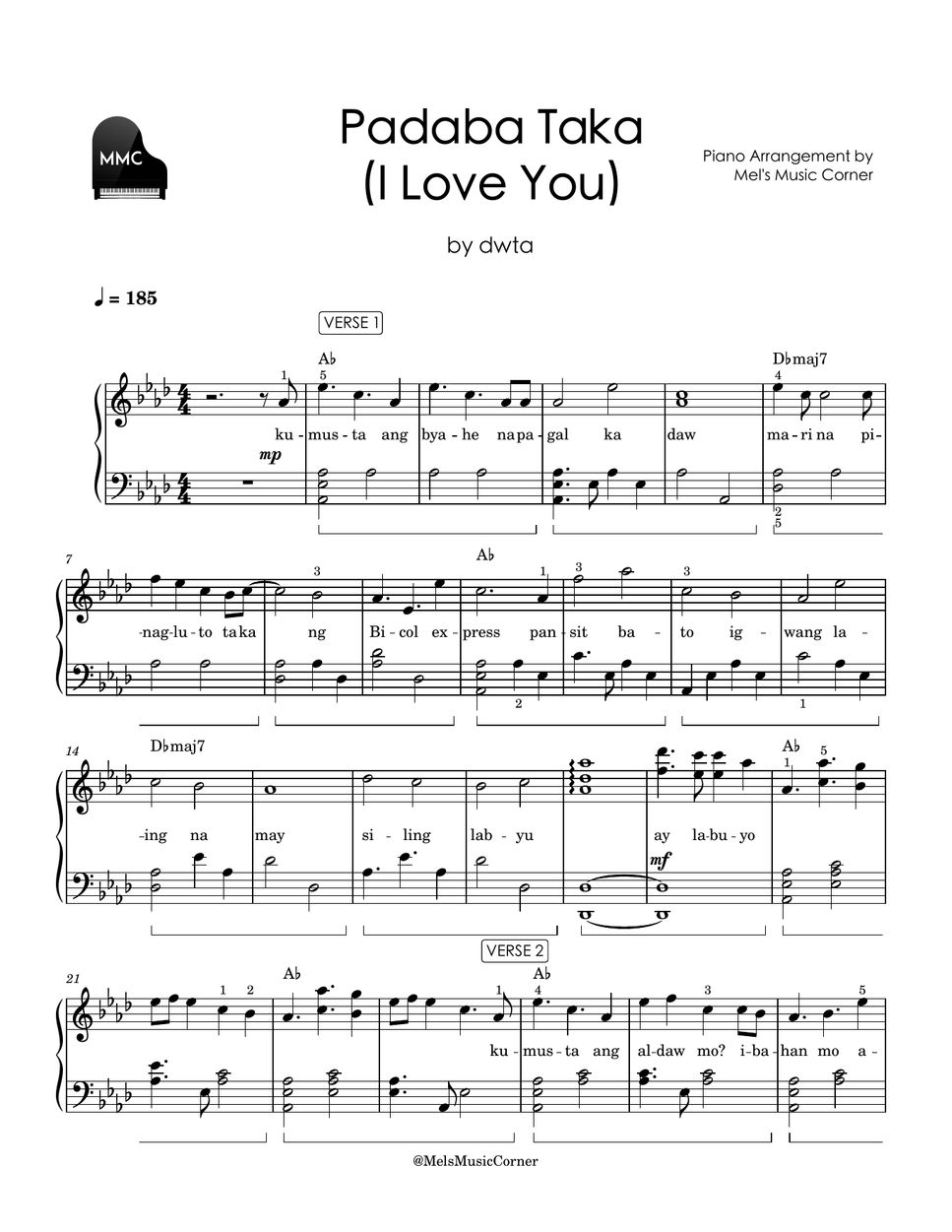 dwta - Padaba Taka ("I Love You') (piano sheet music) PDF | Mel's Music Corner | mymusic5