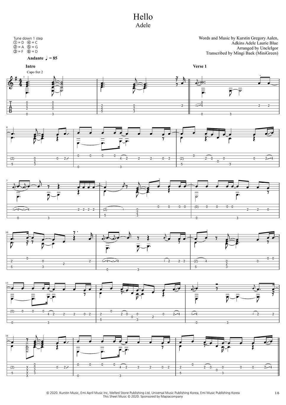 Adele - Hello Tab + 1staff by Igor Presnyakov